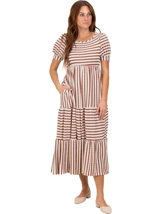 PINKBLUSH Striped Short Sleeve Tiered Maxi Dress - Camel