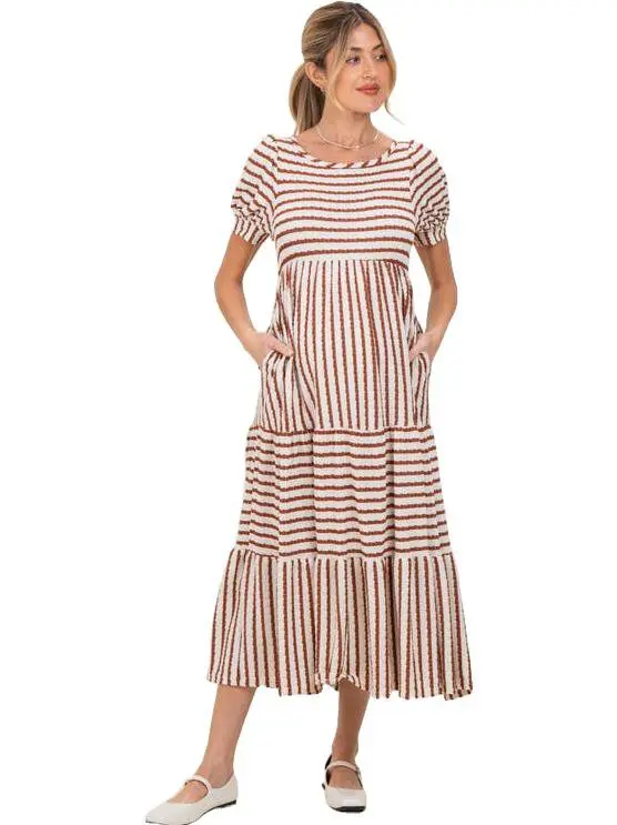 PINKBLUSH Striped Short Sleeve Tiered Maxi Dress - Camel
