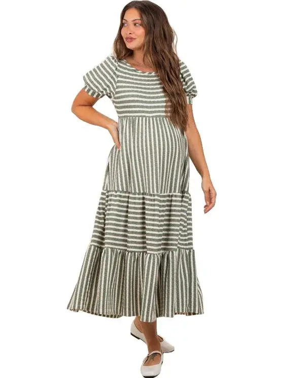 PINKBLUSH Striped Short Sleeve Tiered Maxi Dress - Light Olive