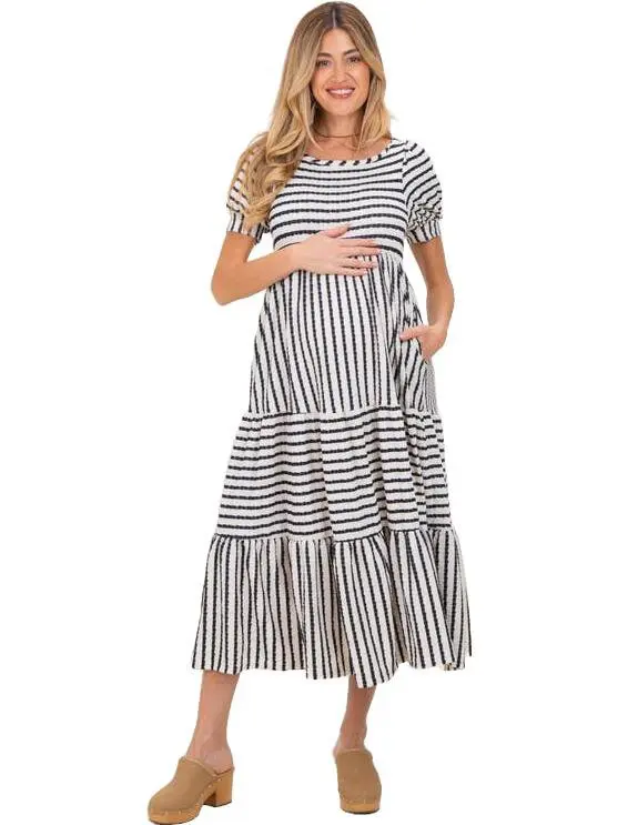 PINKBLUSH Striped Short Sleeve Tiered Maxi Dress - Navy Blue
