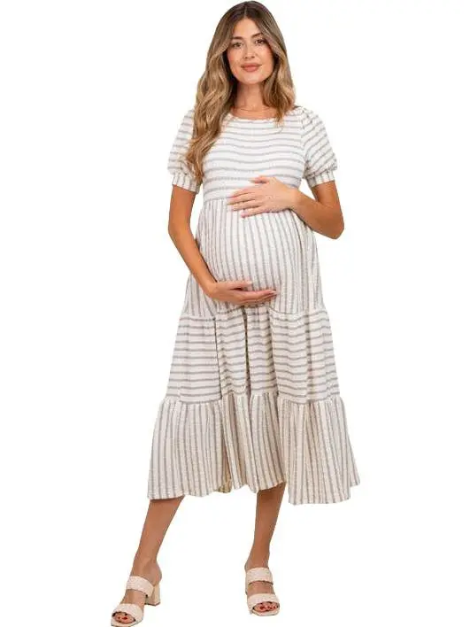 PINKBLUSH Striped Short Sleeve Tiered Maxi Dress - Taupe