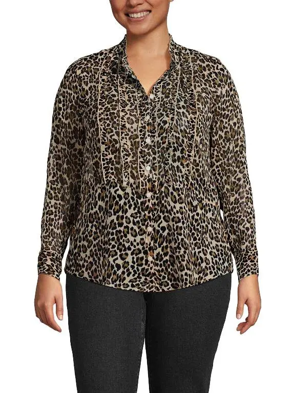 LANDS' END Chiffon Ruffle Front Long Sleeve Top - Champagne Animal Spots
