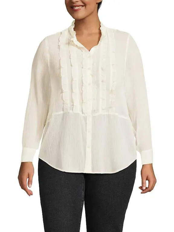 LANDS' END Chiffon Ruffle Front Long Sleeve Top - Ivory
