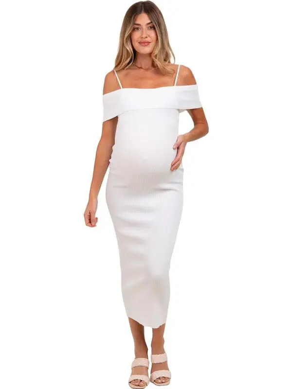 PINKBLUSH Rib Knit Off Shoulder Fitted Midi Dress - Ivory