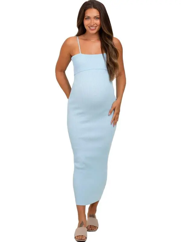 PINKBLUSH Rib Knit Off Shoulder Fitted Midi Dress - Light Blue