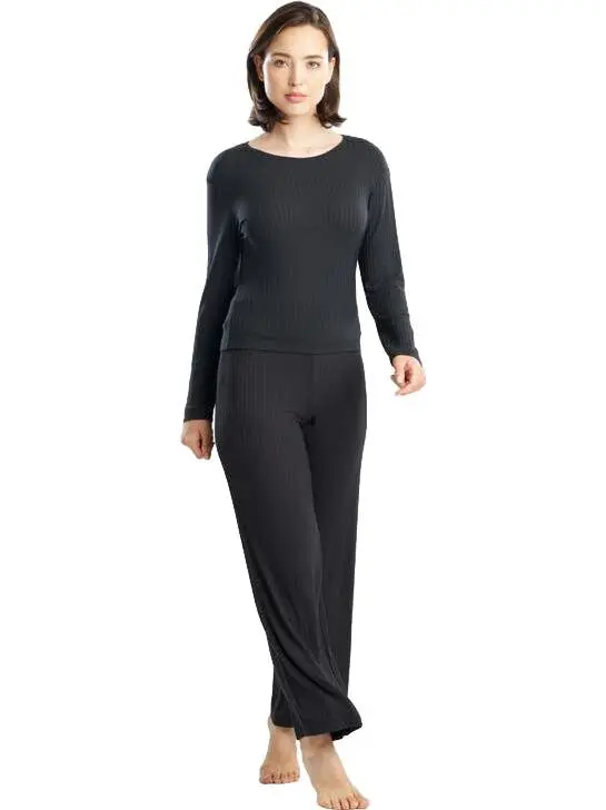 Natori Ribbed Long Sleeve Top - Black