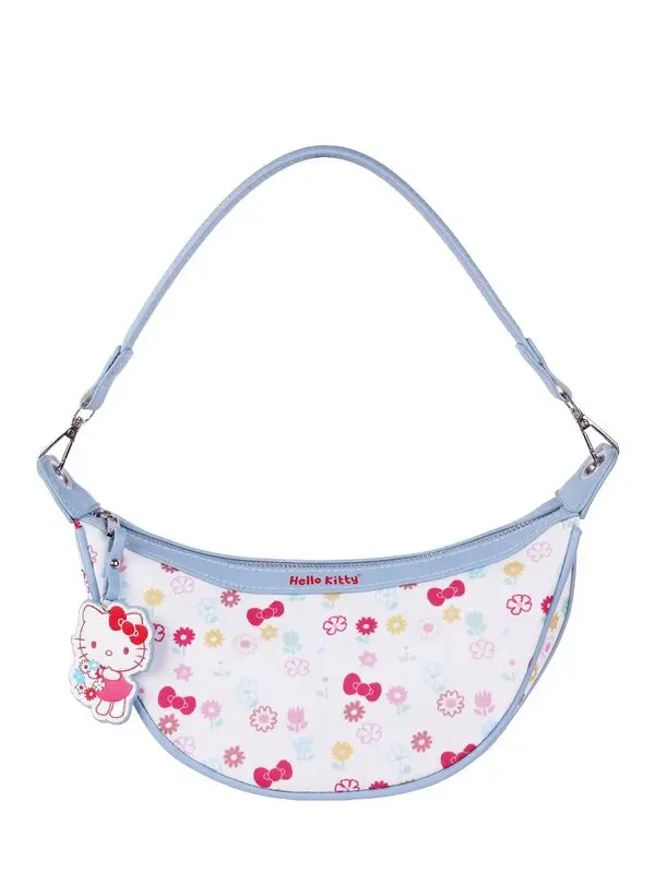 SANRIO HELLO KITTY Floral Print Top Zip Shoulder Bag With Charm - White
