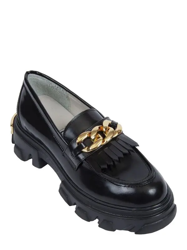 URBNKICKS Leather Loafer With Gold Chain - Black