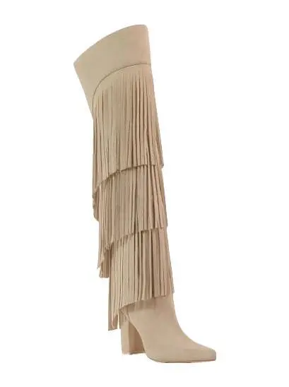 DANTE Fringe Leather Tall Boots - Beige