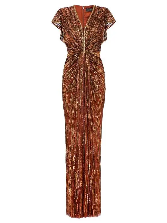 Jenny Packham Sequin-embellished V-neck Maxi Dress - Bronze