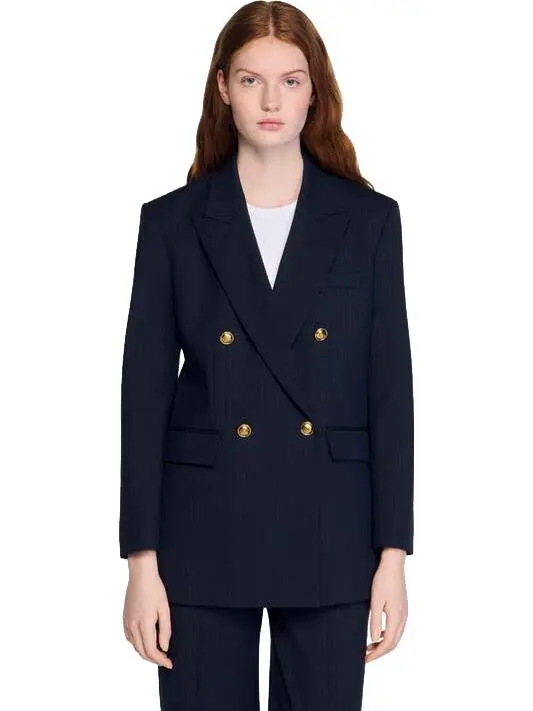 Sandro Pinstripe Double-breasted Jacket - Navy Blue