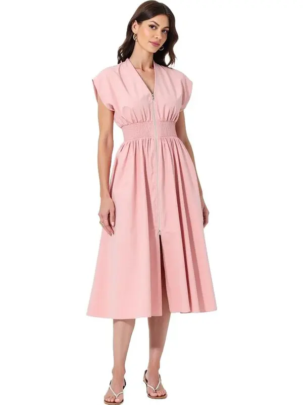 MODENAIRE Cap Sleeve Smocked Waist Midi Dress - Pink