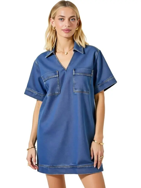 MODENAIRE Denim Mini Shirt Dress - Blue