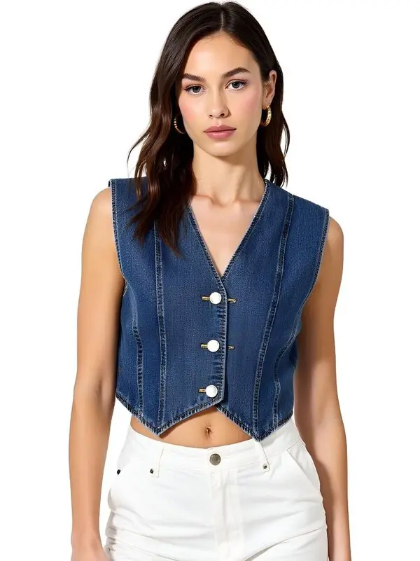 MODENAIRE Angled Hem Denim Vest - Blue