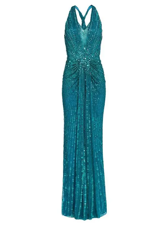 Jenny Packham Lana Sequin-embellished V-neck Maxi Dress - Petrol