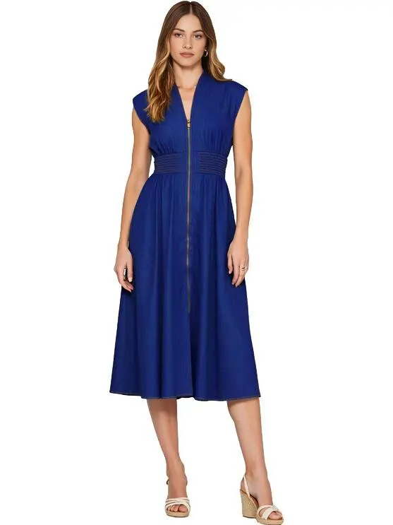 MODENAIRE Zip Front Midi Dress With Cap Sleeves And Smocked Waist - Denim