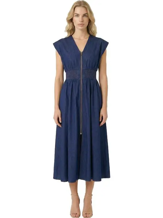 MODENAIRE Zip Front Midi Dress With Cap Sleeves And Smocked Waist - Denim