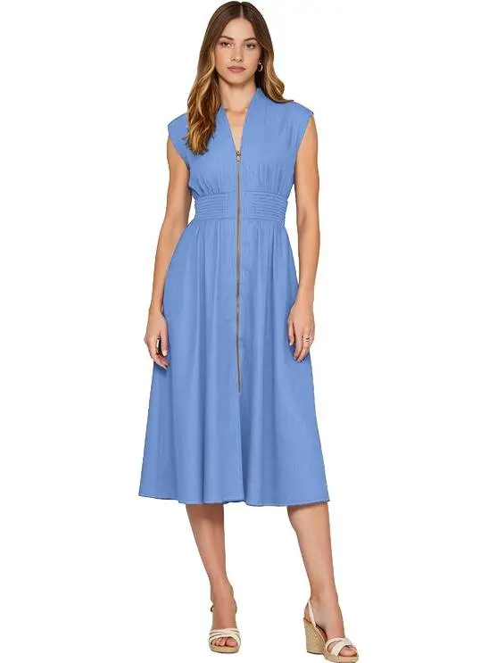 MODENAIRE Zip Front Midi Dress With Cap Sleeves And Smocked Waist - Light Blue