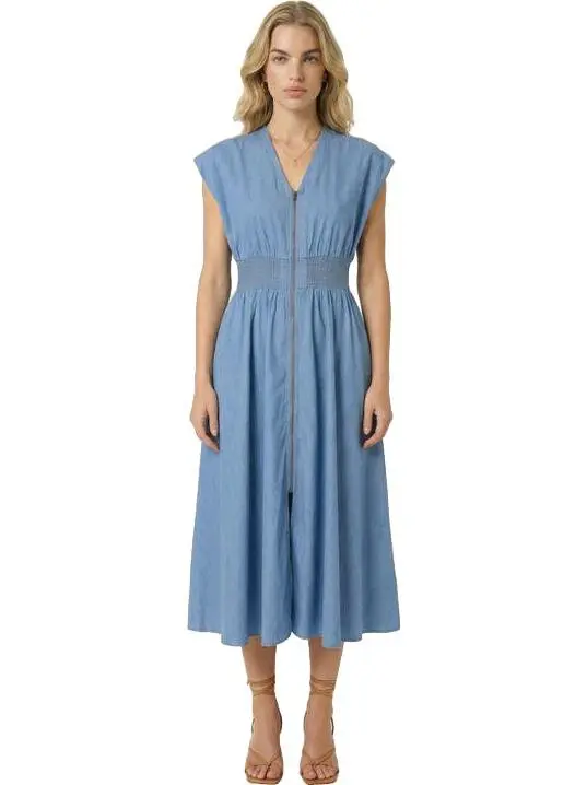 MODENAIRE Zip Front Midi Dress With Cap Sleeves And Smocked Waist - Light Blue