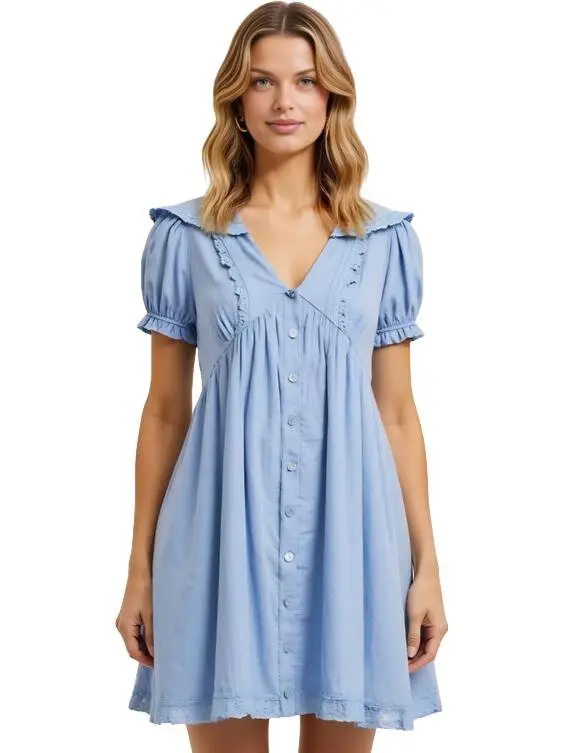 MODENAIRE Button-front Lace-trimmed Mini Dress - Light Blue