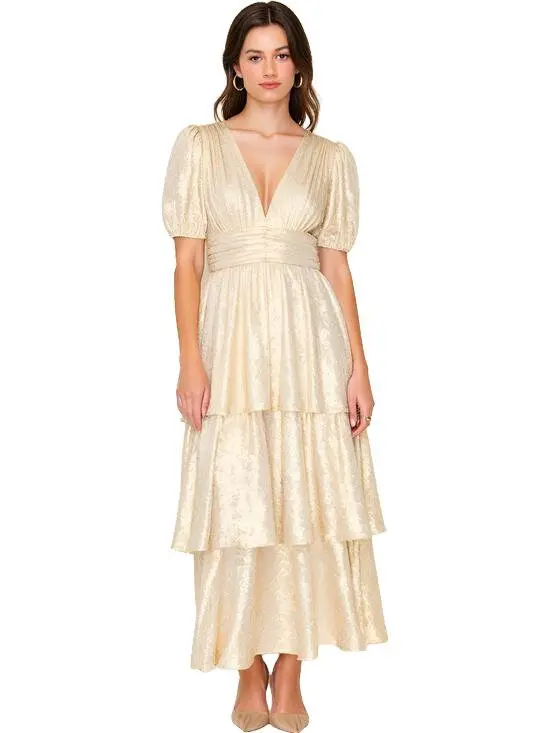 MODENAIRE Metallic Tiered Maxi Dress With Puff Sleeves - Metallic Gold
