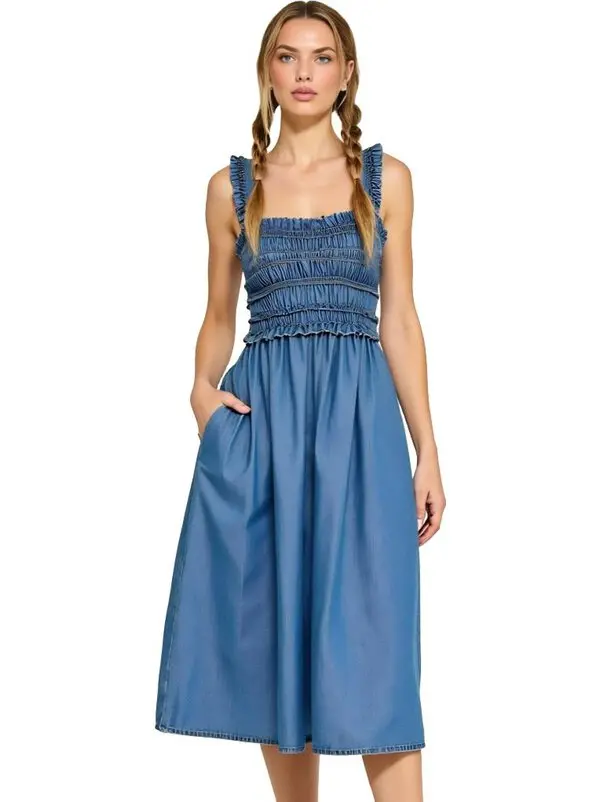 MODENAIRE Smocked Bodice Midi Dress - Blue