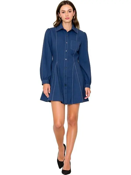 MODENAIRE Long-sleeve Denim Shirt Dress With Contrast Stitching - Blue