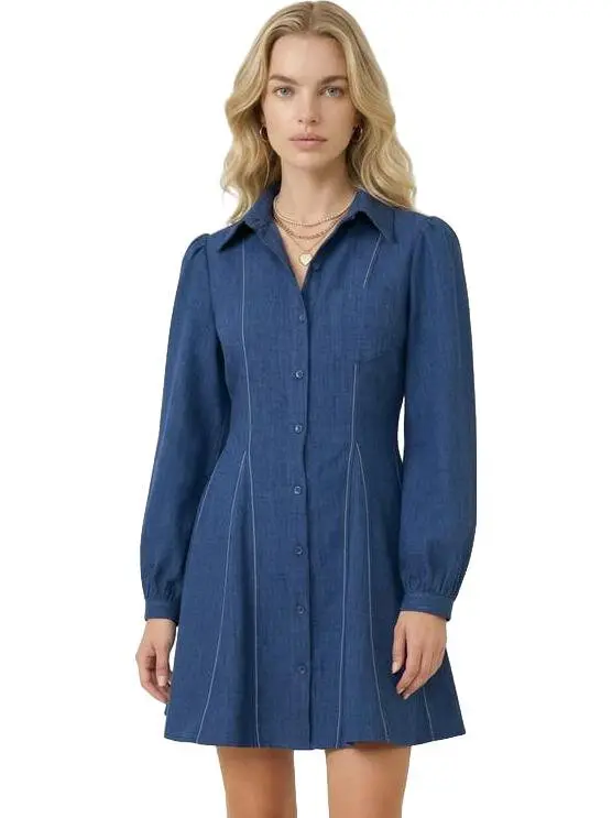 MODENAIRE Long-sleeve Denim Shirt Dress With Contrast Stitching - Blue
