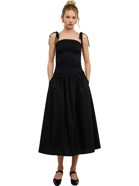 MODENAIRE Ruched Bodice Tie Strap Midi Dress - Black