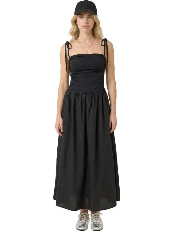 MODENAIRE Ruched Bodice Tie Strap Midi Dress - Black