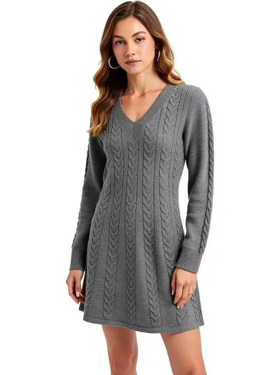 MODENAIRE Cable Knit V-neck Sweater Dress - Grey