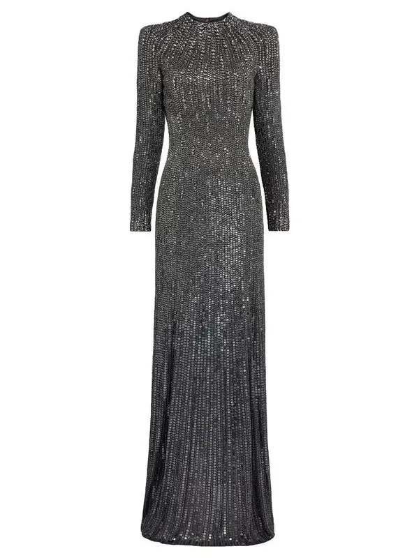 Jenny Packham Embellished Mock-neck Maxi Dress - Shadow Grey