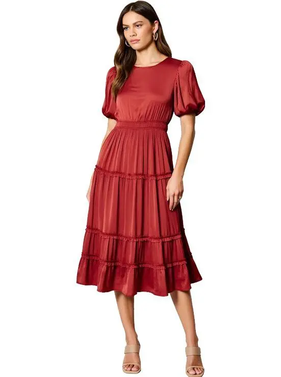 MODENAIRE Tiered Puff-sleeve Midi Dress - Rust Red