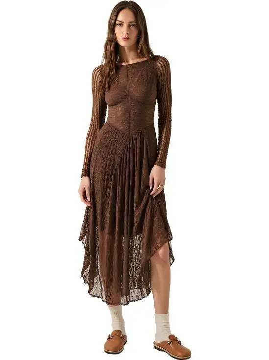 MODENAIRE Mixed-lace Paneled Boat-neck Midi Dress - Brown