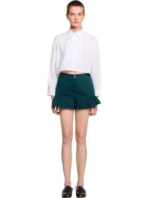 Sandro Ruffle Hem Flare Shorts - Bottle Green