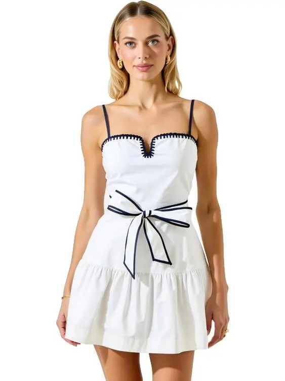 MODENAIRE Contrast-trim Mini Dress With Bow - White /navy Blue