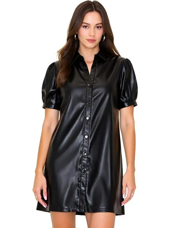 MODENAIRE Faux Leather Puff Sleeve Shirt Dress - Black