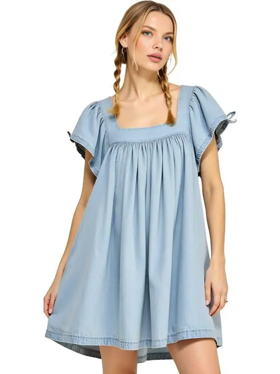 MODENAIRE Square Neck Babydoll Dress - Light Blue