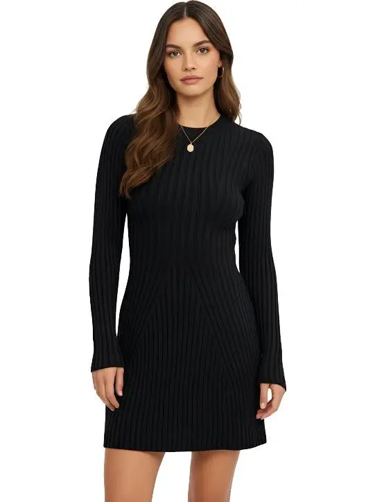 MODENAIRE Ribbed Knit Flared Hem Sweater Dress - Black