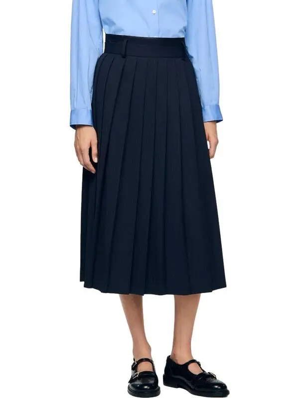 Sandro Midi Striped Pleated Skirt - Navy Blue