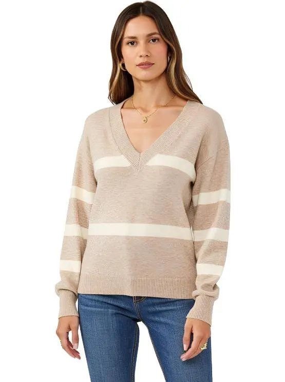MODENAIRE Striped V-neck Sweater - Beige /cream