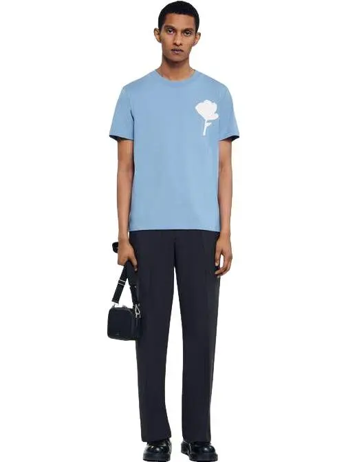 Sandro T-shirt With Flower Patch - Chambray