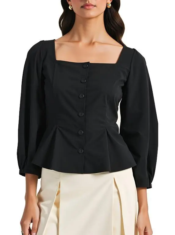 MODENAIRE Square Neck Peplum Blouse - Black