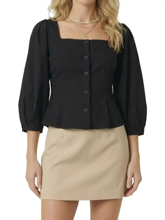 MODENAIRE Square Neck Peplum Blouse - Black