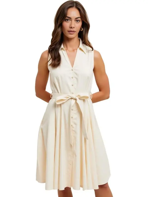 MODENAIRE Sleeveless Shirt-collar Fit-and-flare Dress With Tie-waist - Ivory