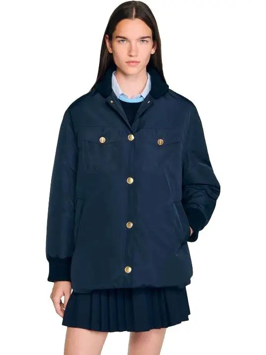 Sandro Quilted Puffer Jacket With Teddy Collar - Navy Blue
