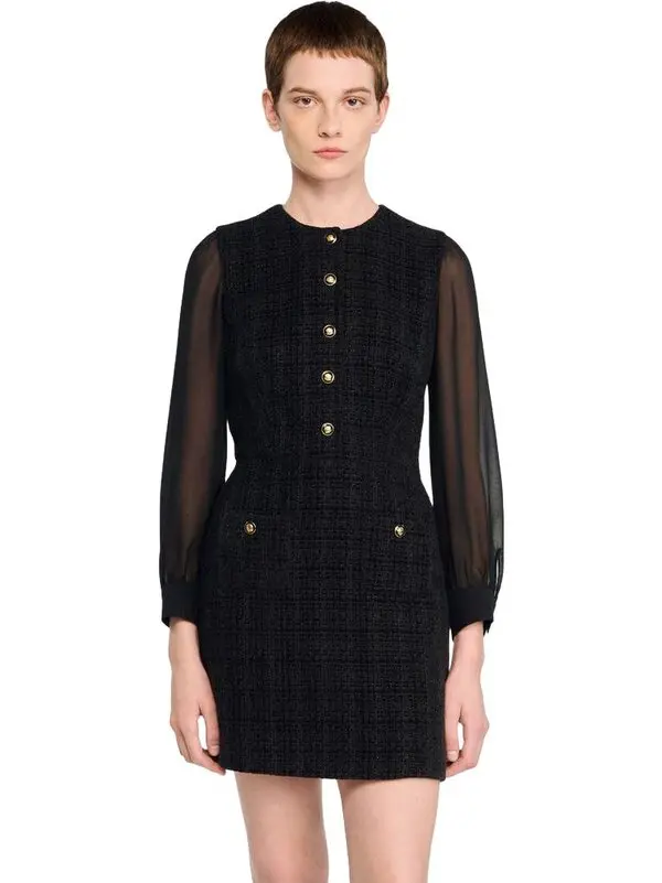 Sandro Tweed Mini Dress With Chiffon Sleeves - Black