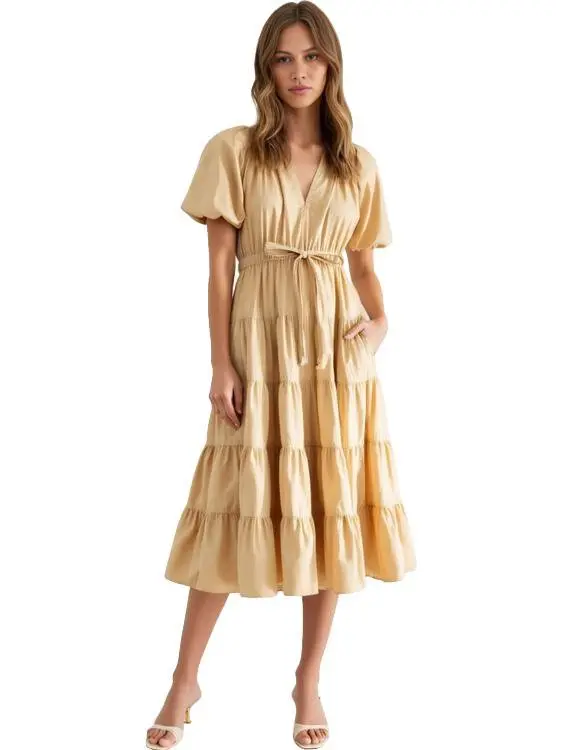 MODENAIRE Tiered Puff-sleeve Tie-waist A-line Midi Dress - Beige