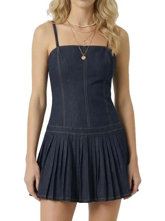 MODENAIRE Spaghetti Strap Pleated Denim Mini Dress - Dark Blue