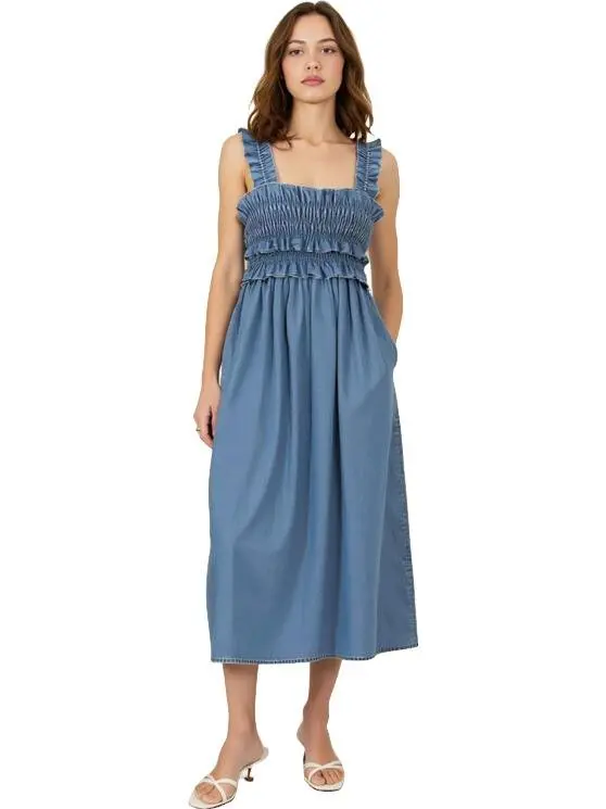 MODENAIRE Smocked Ruffle Strap Midi Dress - Light Blue